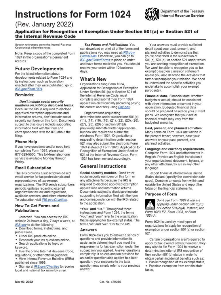 Instructions For Form 1024: (Rev. January 2022) | PDF | 501(C ...