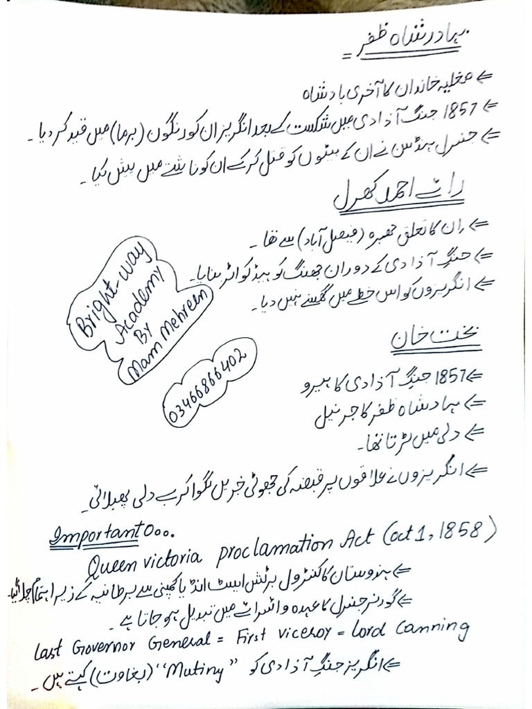 Indo-Pakistan History Part 4 (Bright Way Academy by Respected Mam Mehreen Sahiba) | PDF