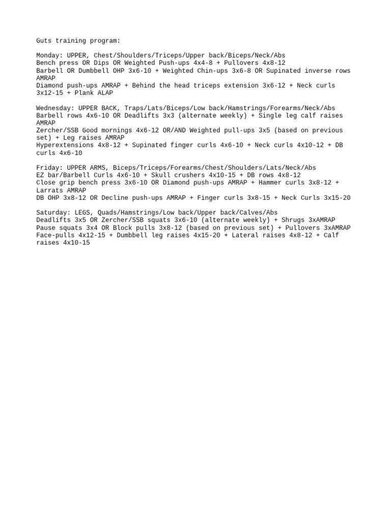 Guts Weekly Strength Training Plan | PDF | Cooking, Food & Wine