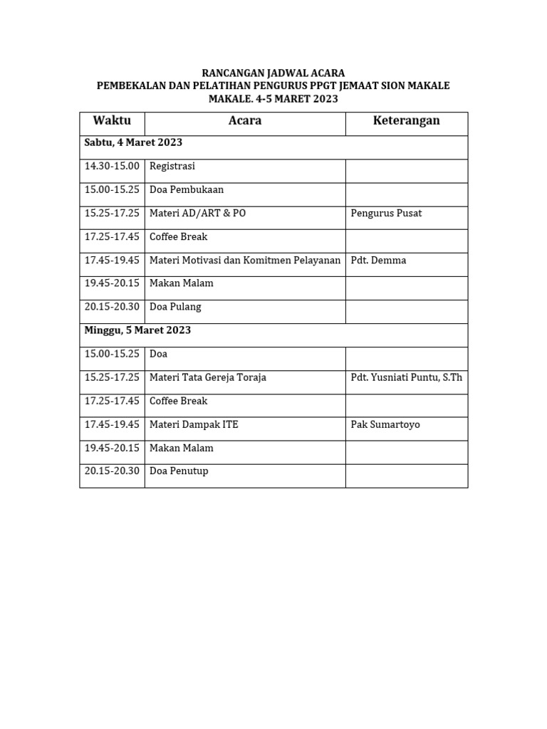 Rancangan Jadwal Acara Pembinaan Pengurus PPGT Jem. Sion Makale | PDF ...