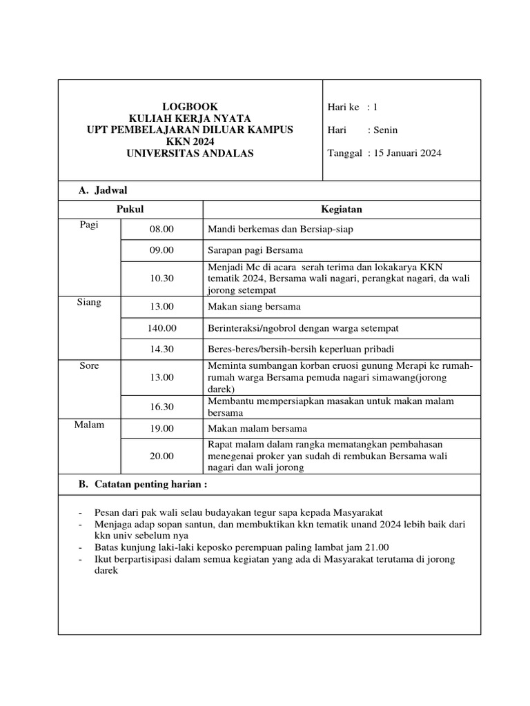 KKN Unand 2024: Hari-Hari Awal di Simawang | PDF