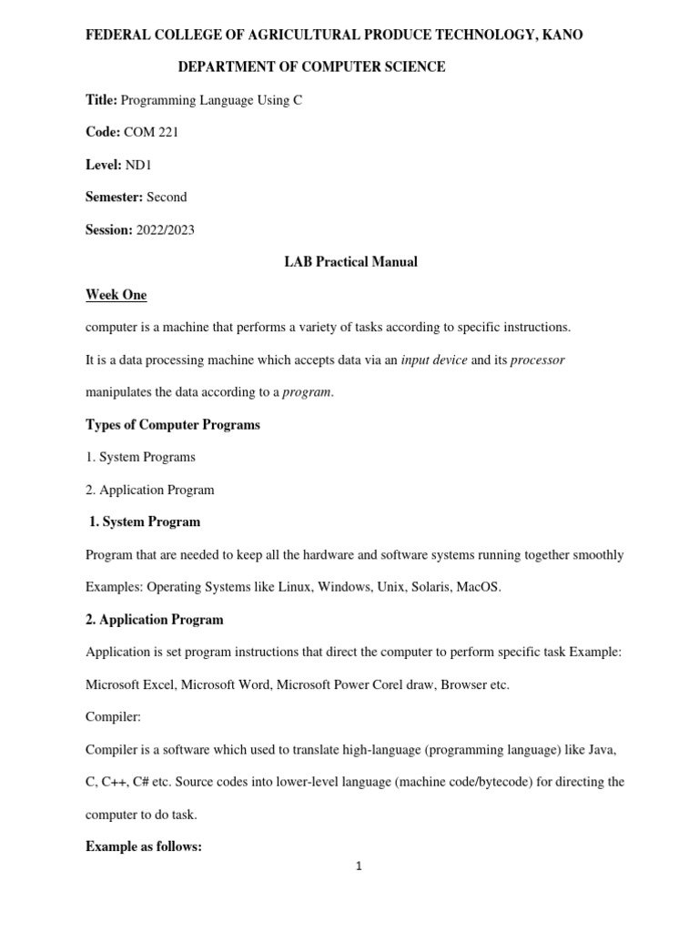 C Programming Practical Manual ND1 | PDF | Computer Program | Programming