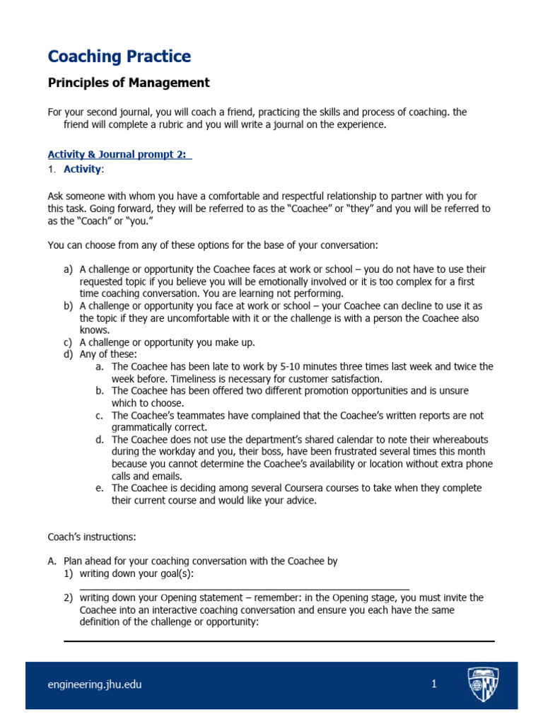 Coaching Skills Journal Activity Guide | PDF | Conversation | Learning