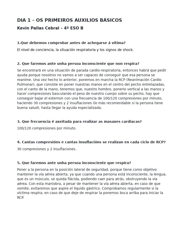Día 1 - Primeiros Auxilios Básicos - Kevin Pallas Cebral 4º Eso B | PDF ...