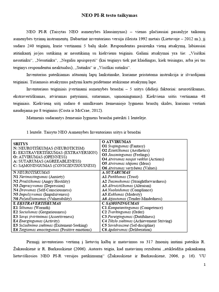 NEO PI-R - Aprašas | PDF