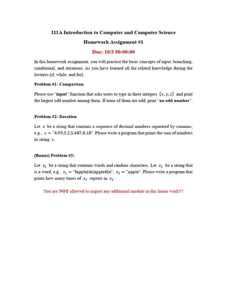 Computer Science Homework Assignment 1 | PDF