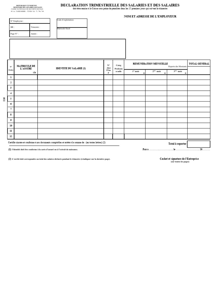 Déclaration Trimestrielle Des Salaires - CNSS | PDF