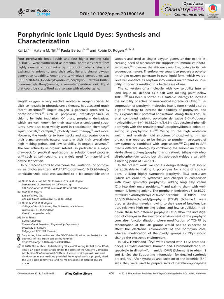 Porphyrinic Ionic Liquid Dyes Synthesis and | PDF | Solubility | Ion