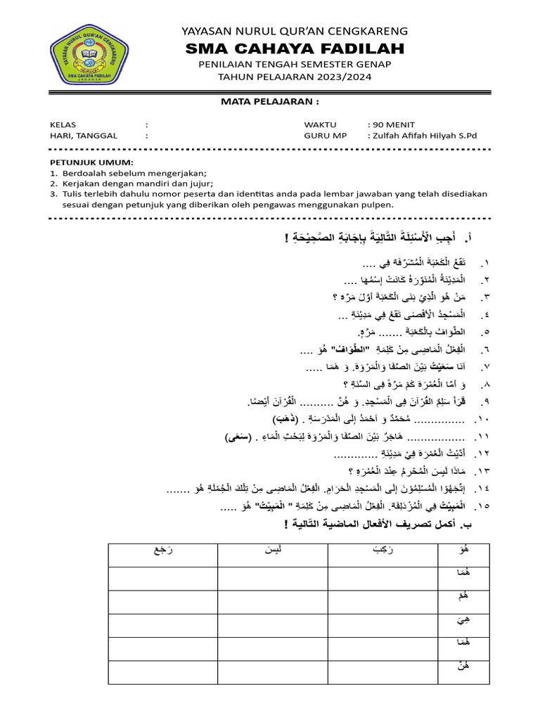 Soal PTS B Arab Xi Genap | PDF