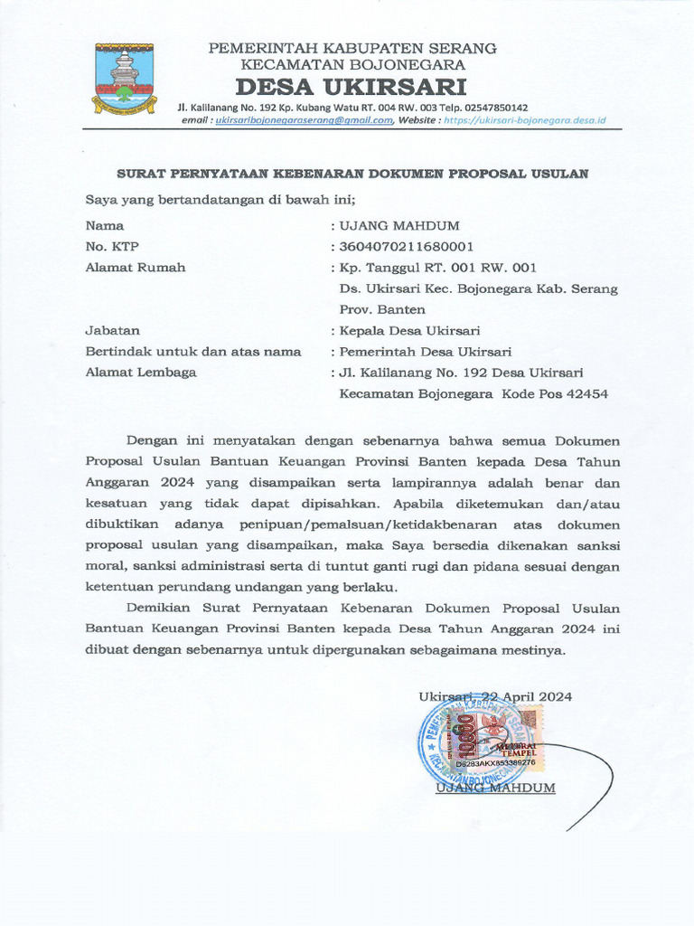 Surat Pernyataan Kebenaran Dokumen Proposal Usulan (Bermaterai) | PDF