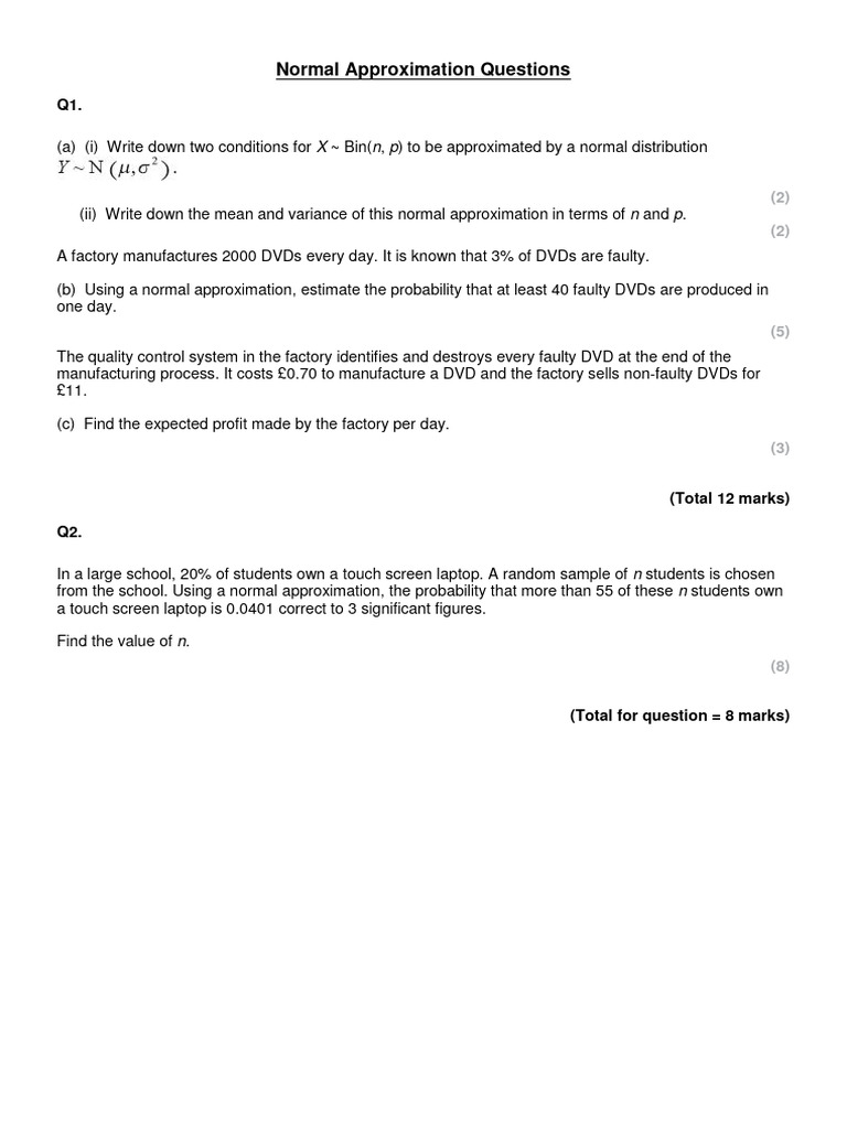 Normal Approximation Questions Pdf Normal Distribution Variance