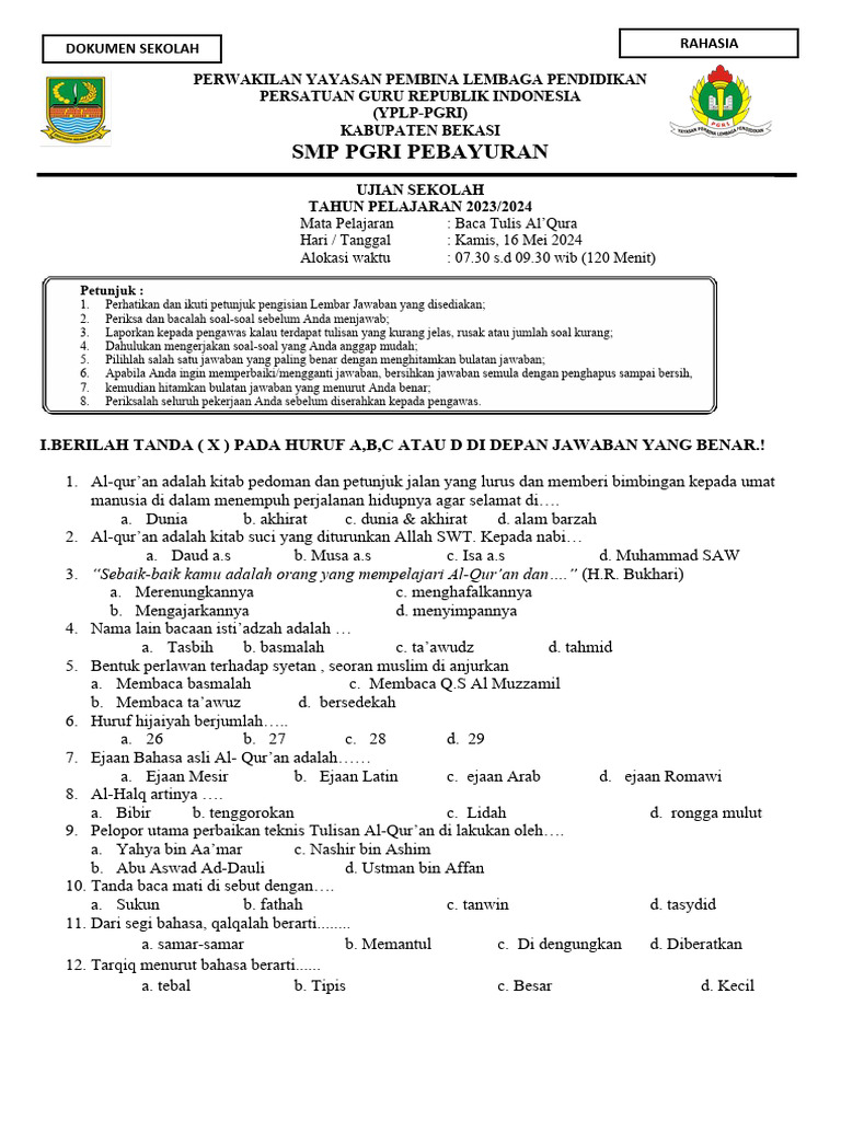 Soal Ujian Sekolah BTQ Kelas Ix SMP Pgri Pebayuran 2024 | PDF | Seni & Disiplin Bahasa | Kajian ...