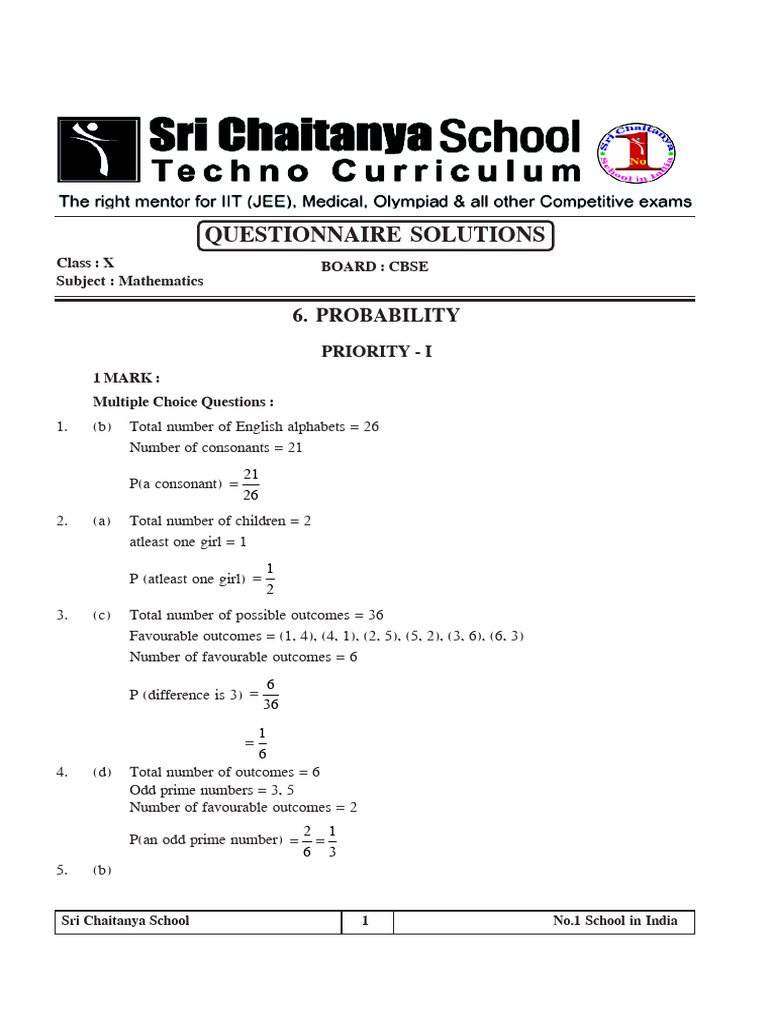 Cbse Maths PH - I Probability (P - I, Ii) Solutions | PDF | Mathematics