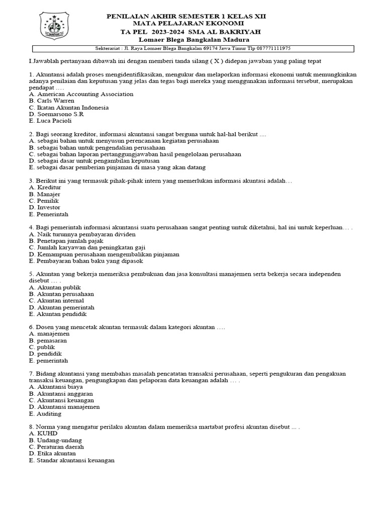 Soal Ekonomi SMA XII Sem1, 23-24 (PA Dan PI) | PDF | Karier & Perkembangan | Pengelolaan ...