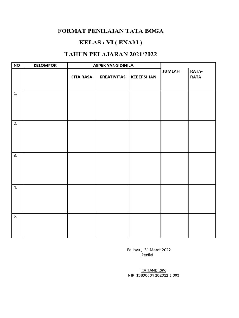 Format Penilaian Tata Boga | PDF