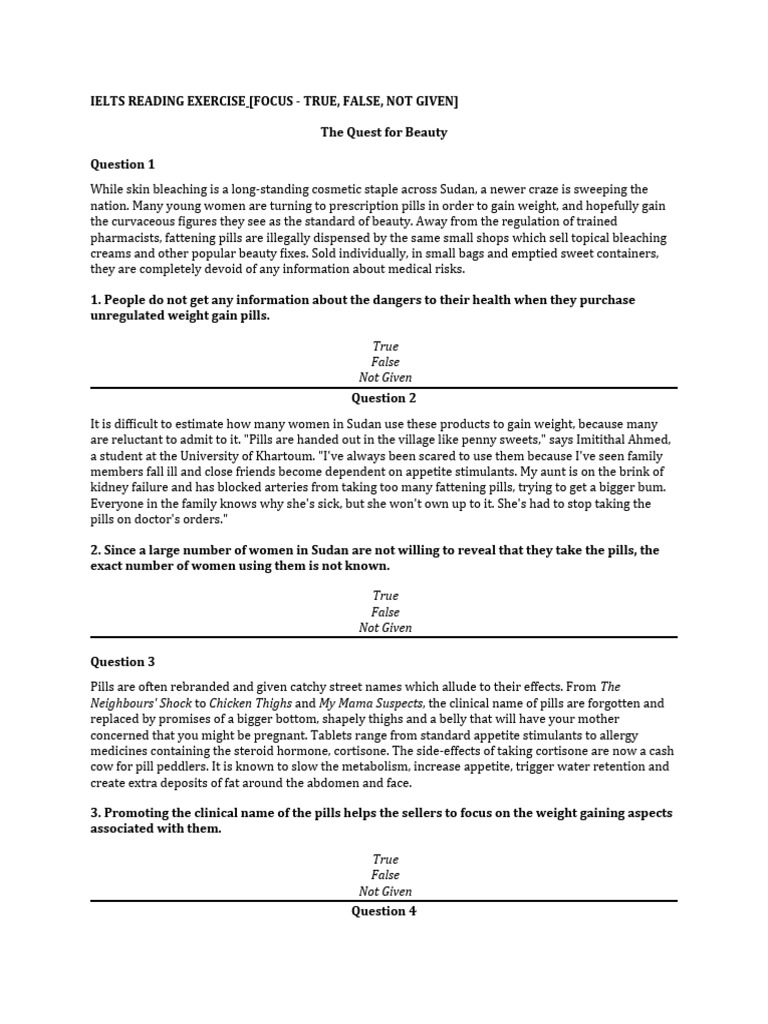 Ielts Reading Practice - True, False, Not Given | Download Free PDF | Combined Oral ...