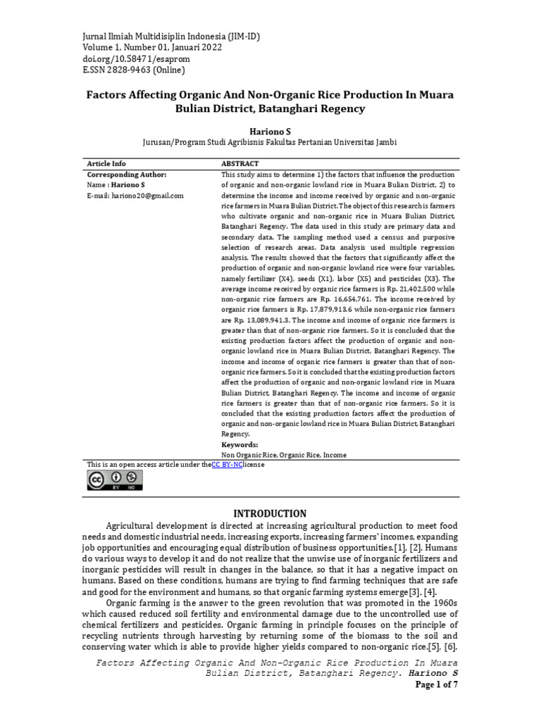 Factors Affecting Organic and Non-Organic Rice Production in Muara ...