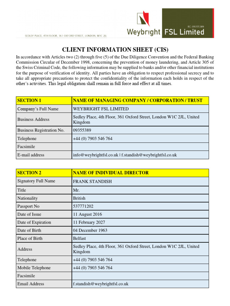 Weybright FSL Limited Client Info Sheet | PDF | Law