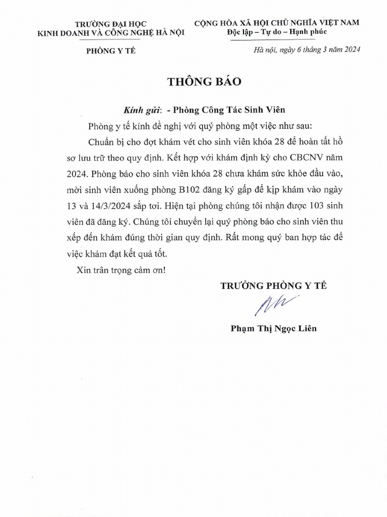 06.03.2024 Thông Báo Khám SK B Sung Cho SV K28 - 0001 | PDF