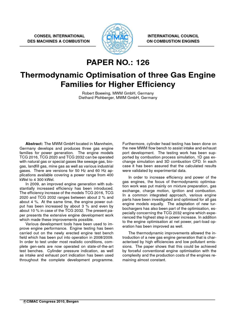 Thermodynamic Optimization of Gas Engines | PDF | Turbocharger | Engines