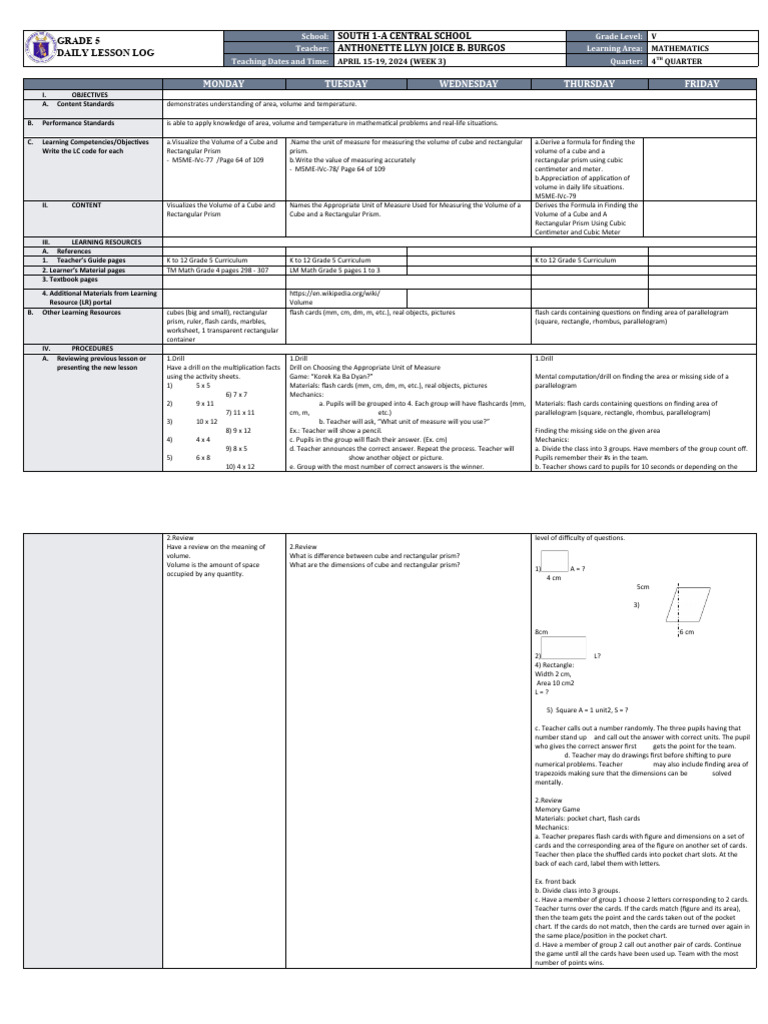 DLL - Mathematics 5 - Q4 - W3 | PDF | Volume | Length