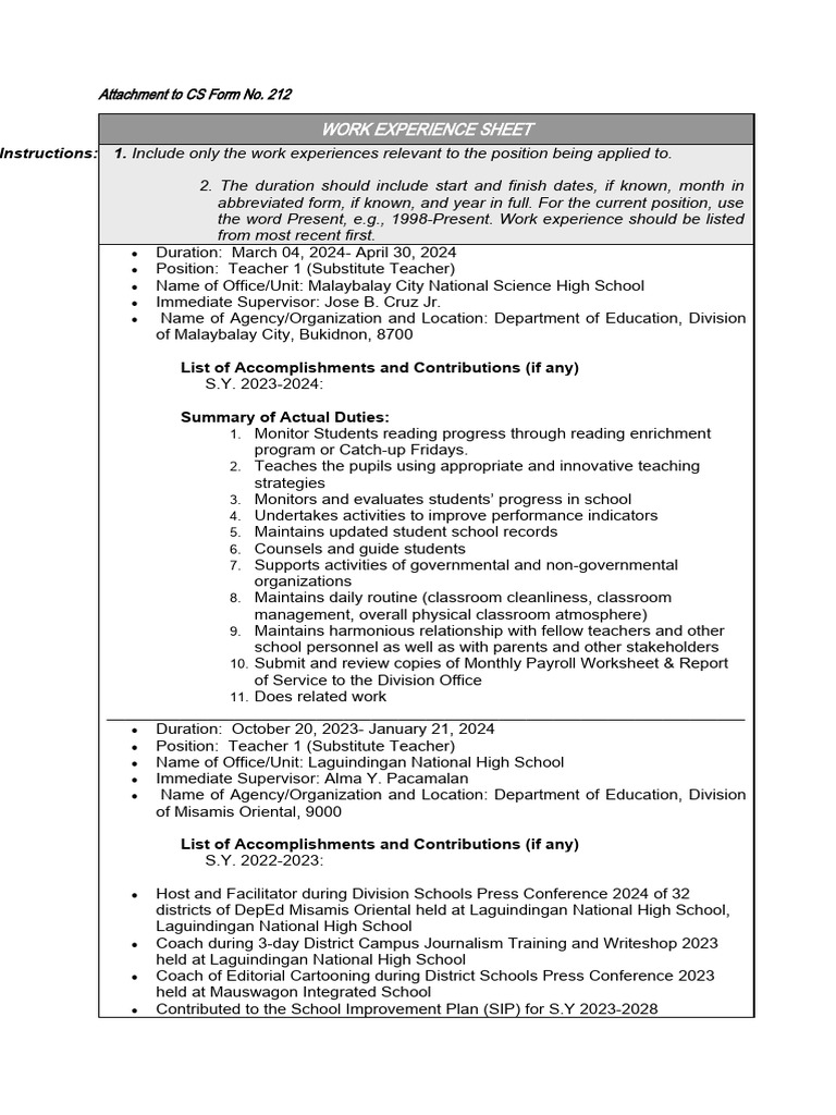 2023 Work Experience Attachment CS Form No. 212 1 | PDF | Teachers | Classroom Management