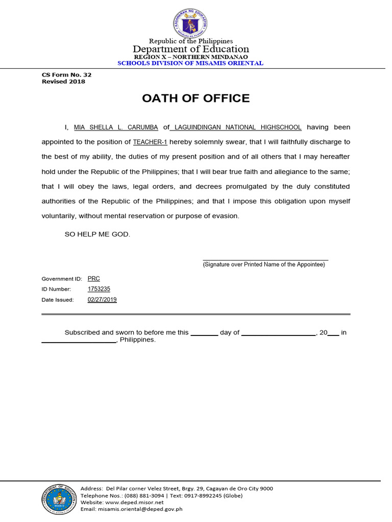 CS Form No. 32 Oath of Office | PDF