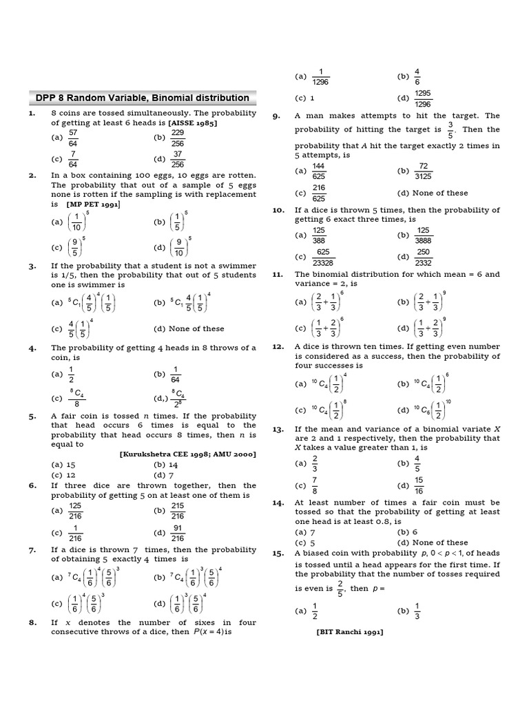 DPP 8 Random Variable and Binomial D | PDF | Probability Theory | Probability