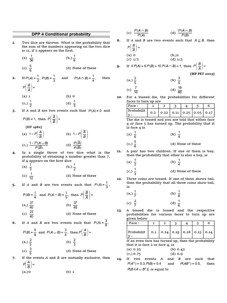 DPP 4 Condional Probability | PDF | Probability Theory | Probability
