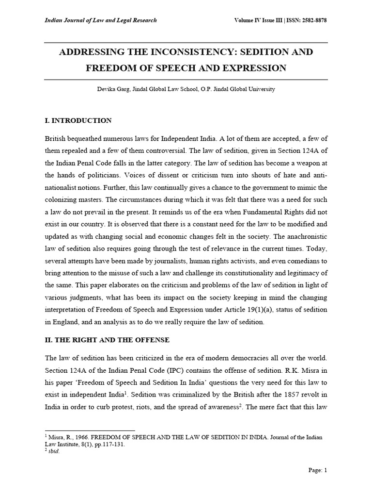 Addressing The Inconsistency Sedition and Freedom of Speech and Expression | PDF | Defamation ...