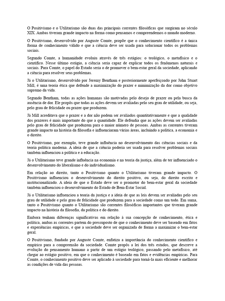 Resumo Positivismo e Utilitarismo de Comte A Bentham e Stuart Mill ...