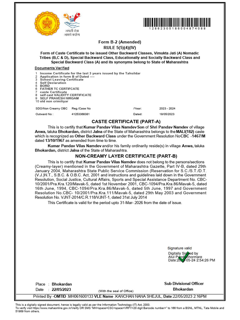 Caste Certificate (Part A) : Form B 2 (Amended) RULE 5 (5) (4) (IV ...