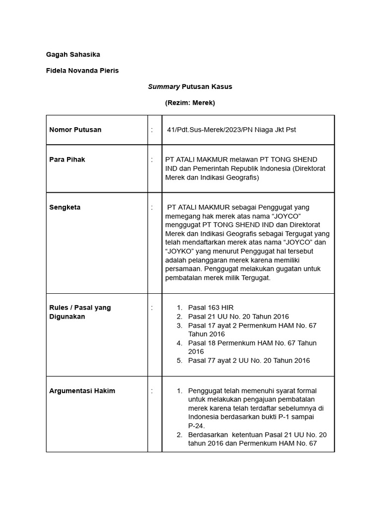 Summary Putusan Kasus Merek | PDF | Bisnis | Hukum