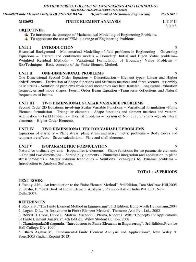 Me8692 Finite Element Analysis Question Bank 2022-2023 | PDF | Finite Element Method | Numerical ...