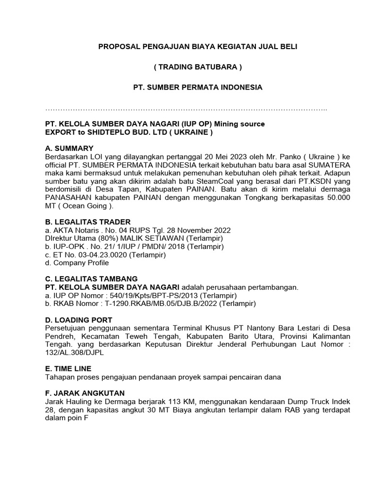 Proposal Trading Batu Bara To Investor | PDF