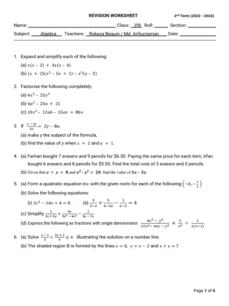VIII-Algebra-Revision Worksheet | PDF | Algebra | Factorization