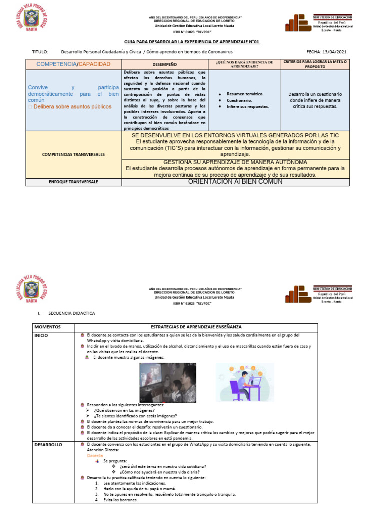 GUIA PARA DESARROLAR LA EXPERIENCIA DE APRENDIZAJE N01 - Carlos Súarez | PDF | Aprendizaje ...