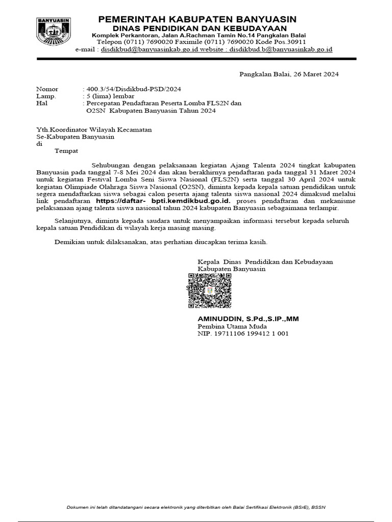 Percepatan Pendaftaran FLS2N Dan O2SN Kabupaten Banyuasin Tahun 2024 | PDF