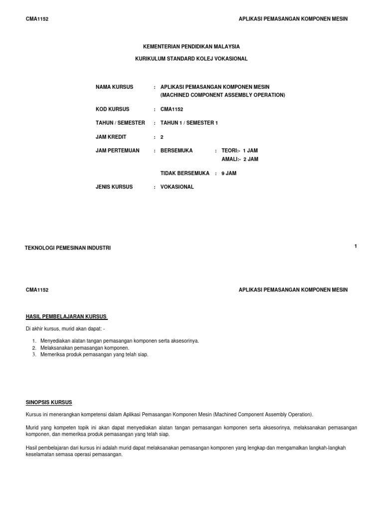 Draf KSKV Cma1152 Aplikasi Pemasangan Komponen Mesin 150124 | PDF
