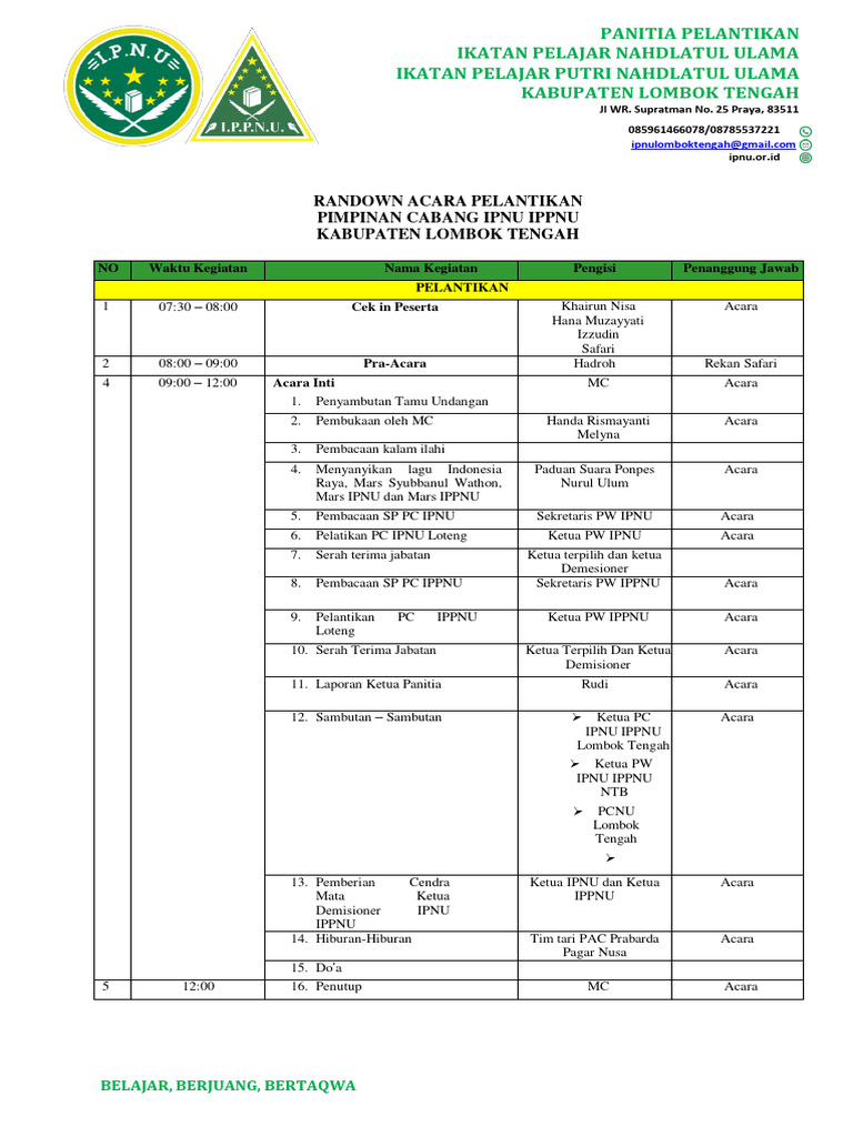 Rundown Acara Pelantikan PC Loteng | PDF