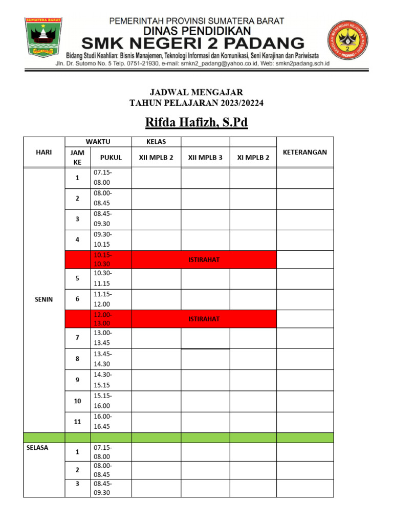 Jadwal Mengajar 2023/2024 Rifda Hafizh | PDF | Cooking, Food & Wine