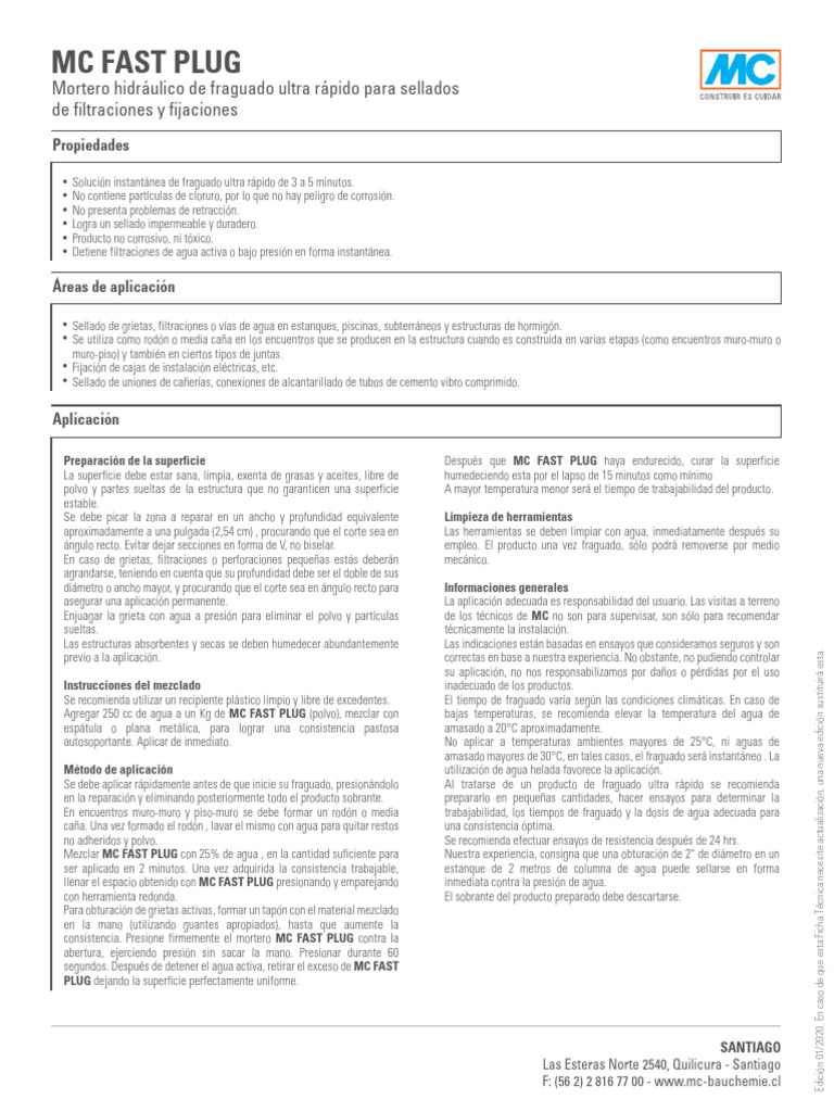 MC Fast Plug | PDF | Agua | Hormigón