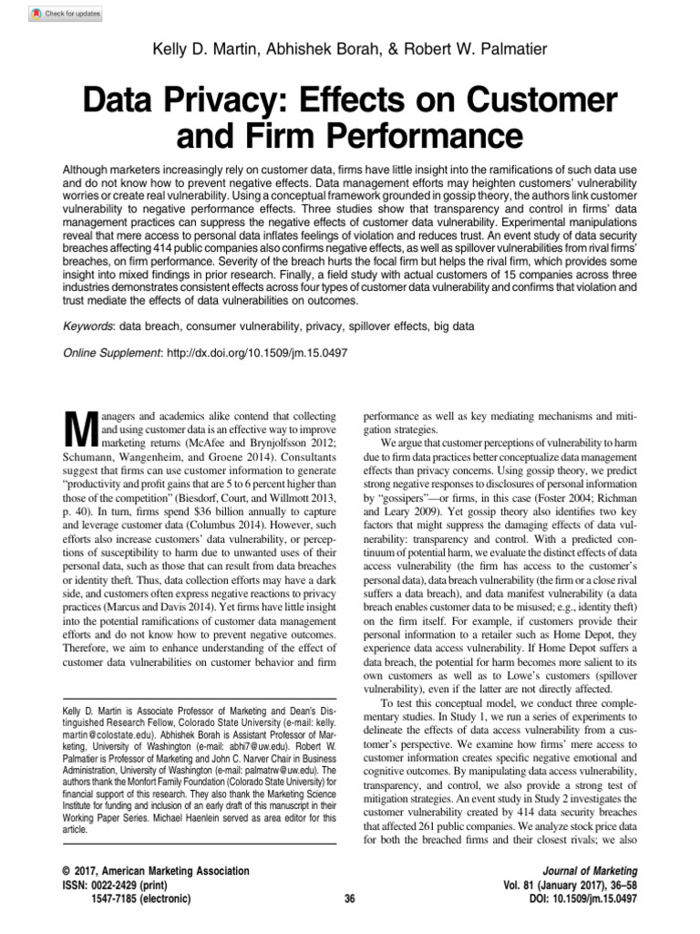 Martin Et Al 2017 Data Privacy Effects On Customer and Firm Performance | PDF | Privacy ...