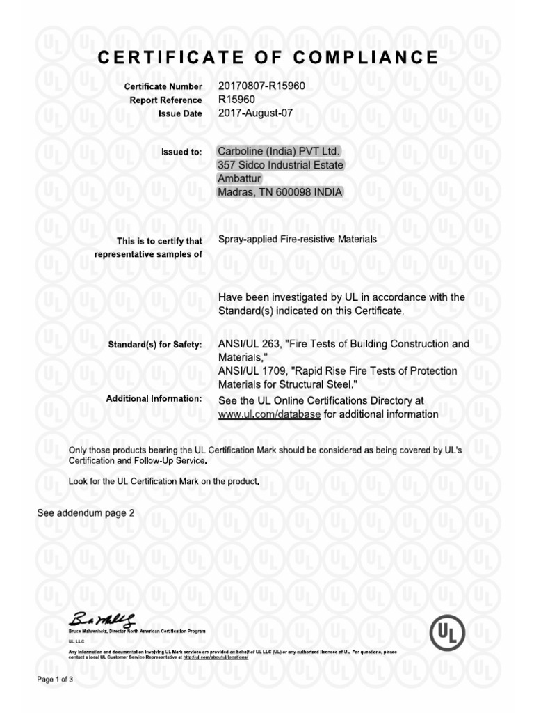 UL CoC India Pyrocrete - CHENNAI | PDF