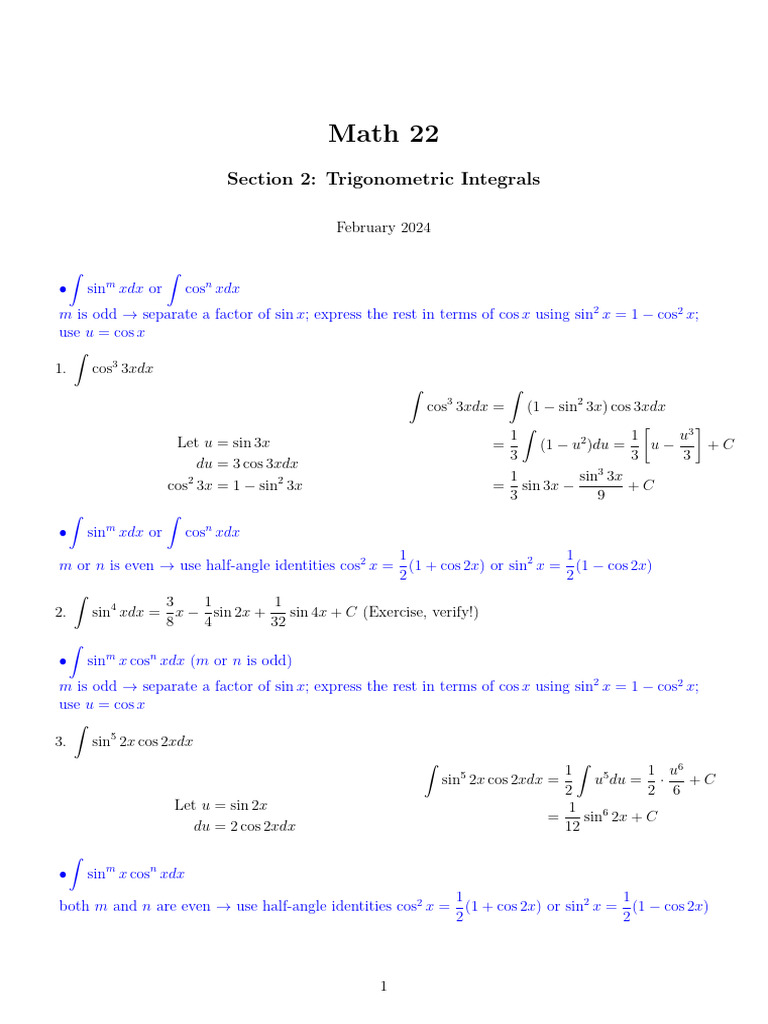 Math 2 Section 2 Trigonometric Integrals | PDF | Trigonometric ...