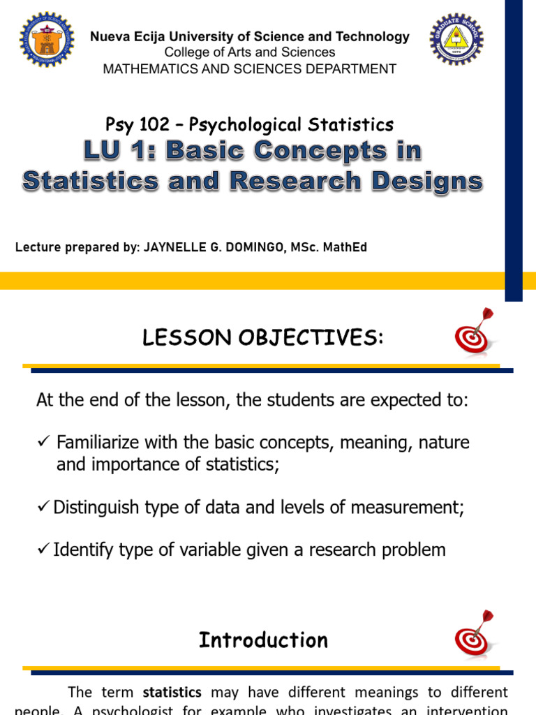 LU 1 Basic Concepts in Statistics and Research Designs | PDF | Level Of Measurement | Statistics