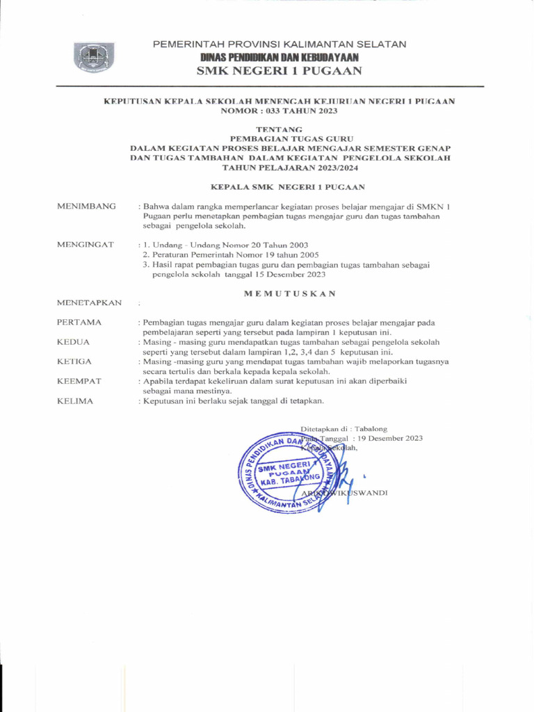 SK Pembagian Tugas Guru - Semester Genap 2023.2024-1 | PDF