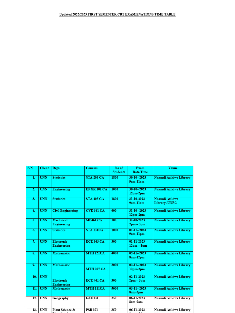 2022-2023 First Semester CBT - Cbe Timetable | Download Free PDF | Physical Sciences | Engineering