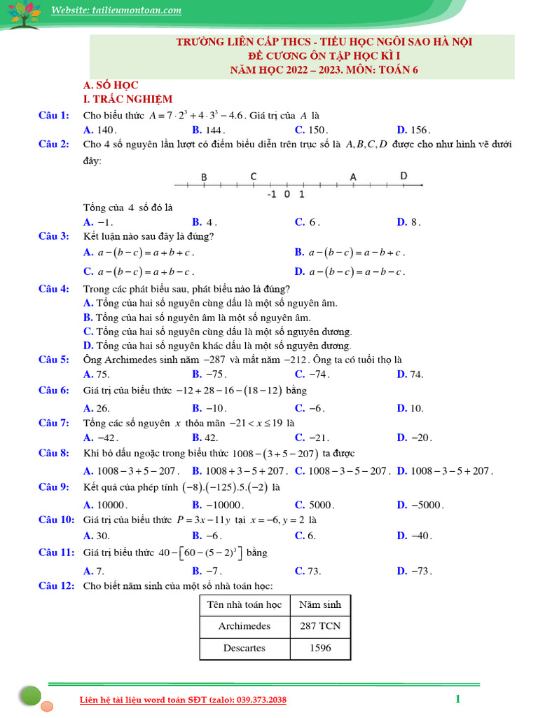 TOÁN-6-ĐC-HK1-THCS-NGÔI SAO-2022-2023 | PDF