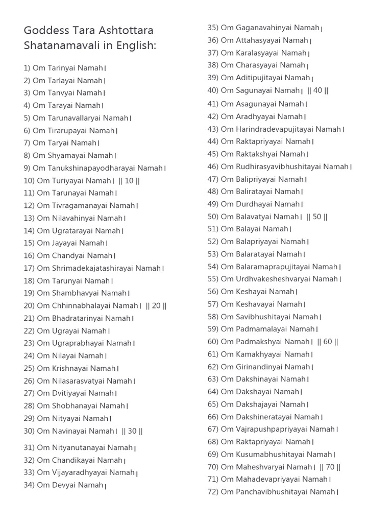 Goddess Tara Ashtottara Shatanamavali in English | PDF